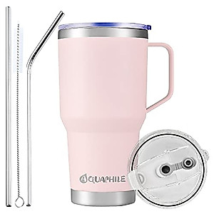 AQUAPHILE 30oz Stainless Steel Insulated Coffee Mug with Handle, Double Walled Vacuum Travel Cup with Lid & Straw, Reusable Thermal Coffee Cup, Portable Coffee Tumbler, for Hot&Cold Drinks(Pink)