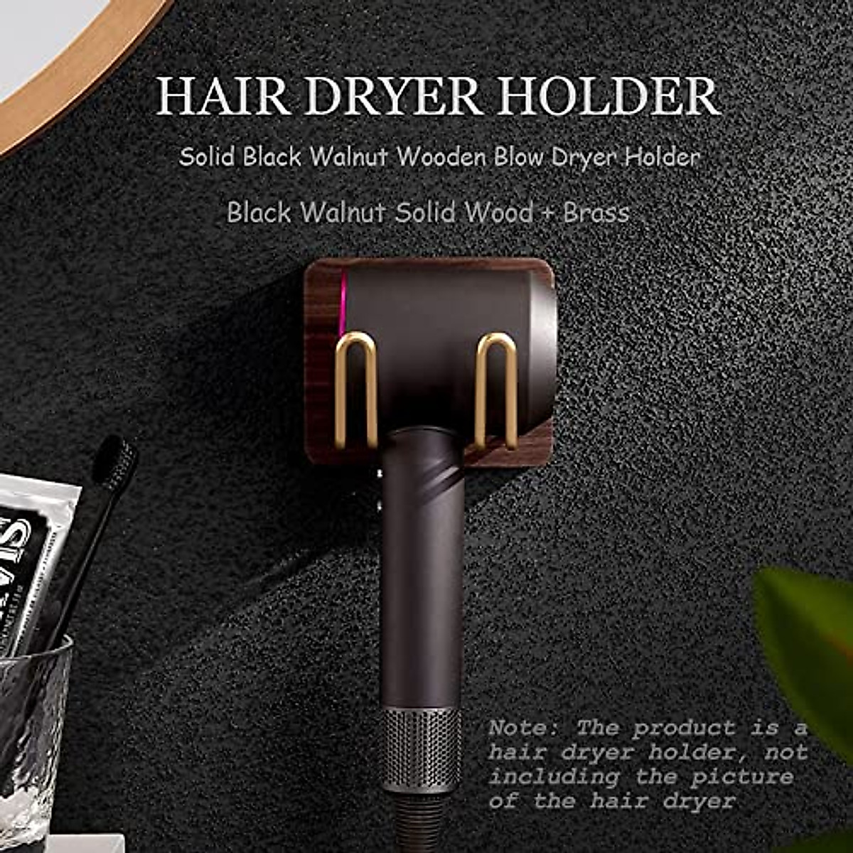 yeshine Hair Dryer Holder Wall Mounted, Solid Black Walnut Wooden Blow Dryer Holder, Pure Brass Hooks, Bathroom Hair Dryer Stand, Compatible with Most Hair Dryers, 10 x 12 x 12 cm