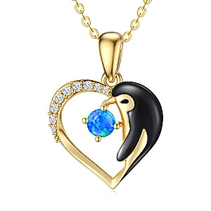 WSX 14k Gold Penguin Love Necklace October Birthstone Blue Opal Round CZ Heart Pendant Birthday Gift for Women Girlfriend Daughter