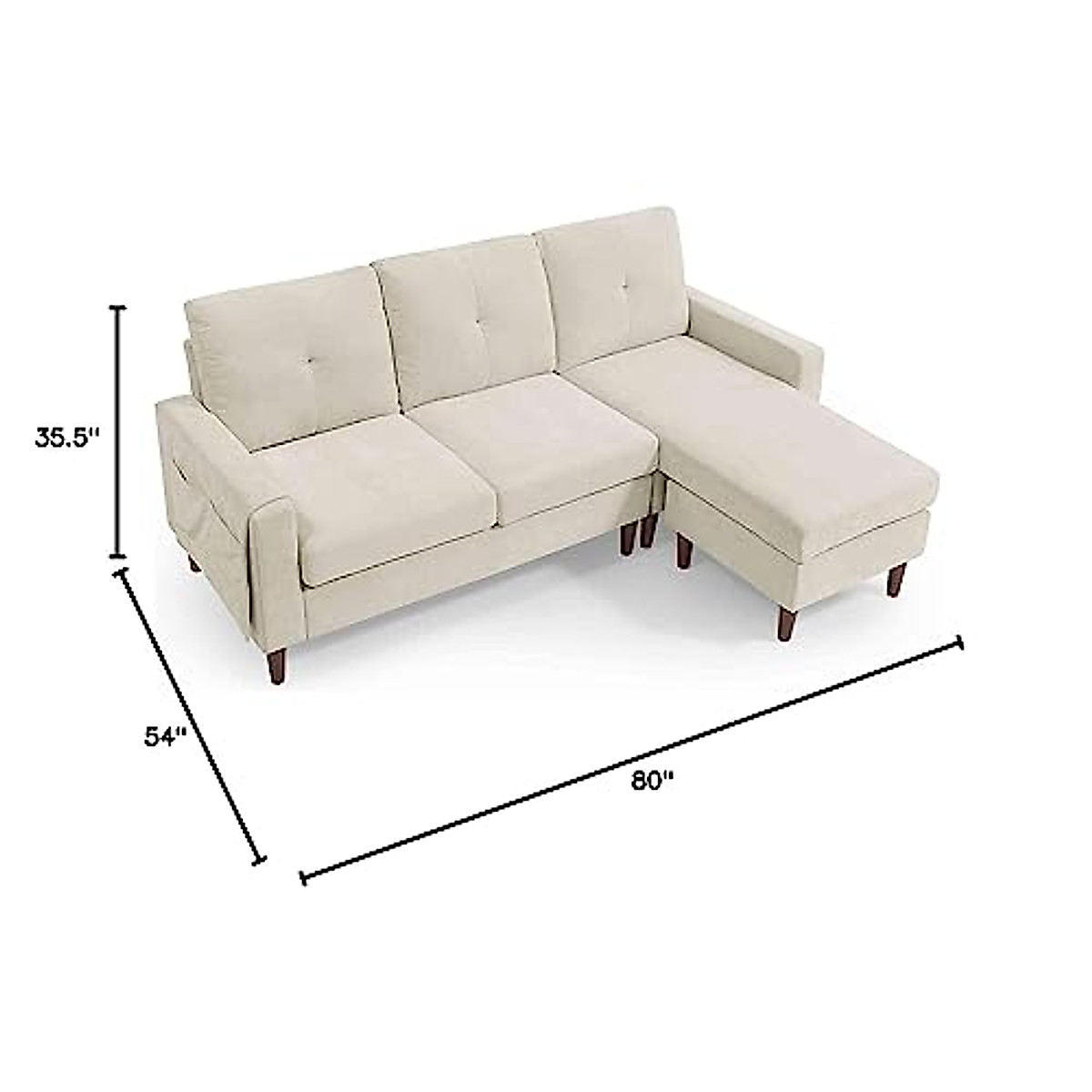 Cotoala 80" L-Shape Chenille Convertible Couch w/Pocket & Rubber Wood Legs, 3 Seat Sofa with Removable Ottoman and Cushions, Perfect for Living Room, Aapartment, Small Space, Beige
