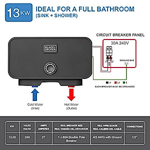 BLACK+DECKER 13kW / 240-V Tankless Electric Water Heater with Pressure Relief Device, Ideal for a Full Bathroom