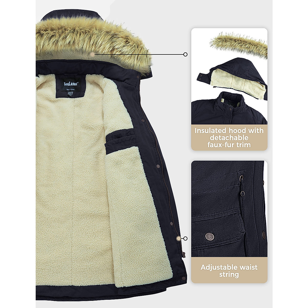 Soularge Women's Winter Plus Size Pure Cotton Coat with Detachable Hood(Navy,4X)