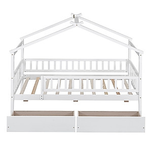 BestLM Twin Size Wooden House Bed with Two Storage Drawers for Kids, Wood Platform Bed Frame with Fence, Roof, and Safety Guardrail for Kids, Teens, Girls, Boys, White
