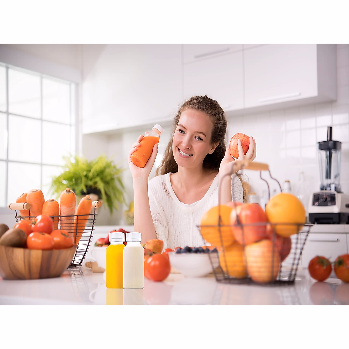 Axe Sickle 5 Pcs 8 Ounce Juice Bottles Plastic Milk Bottles Bulk Beverage Containers with Tamper Evident Caps Lids White for Milk, Juice, Drinks and Other Beverage Containers