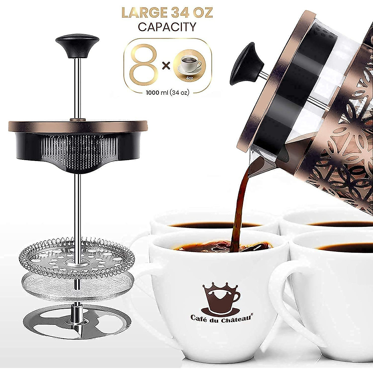 CKductpro French Press Coffee Maker, Coffee Presses 2 In 1 Travel Coffee & Tea Pot 1000ML,3 layers of filter element + 2 layers of spare filter element,with cleaning brush,Two-way water outlet,gold