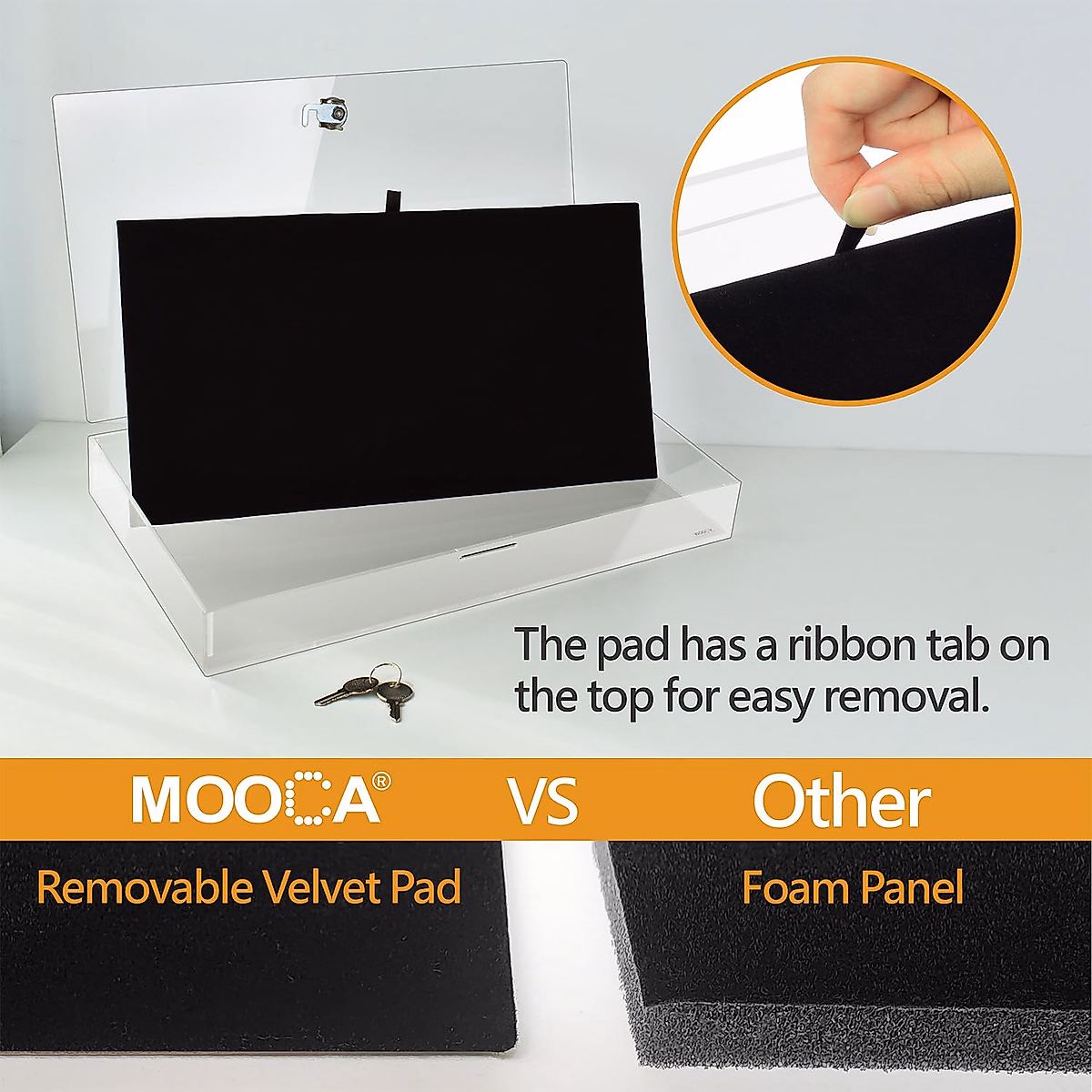 MOOCA Acrylic Rectangular Marketing Holder Locking Security Showcase Safe Box Display Tray, Perfect for Watches Jewelry, Knives, Eyewear with a Key and a Black Padding