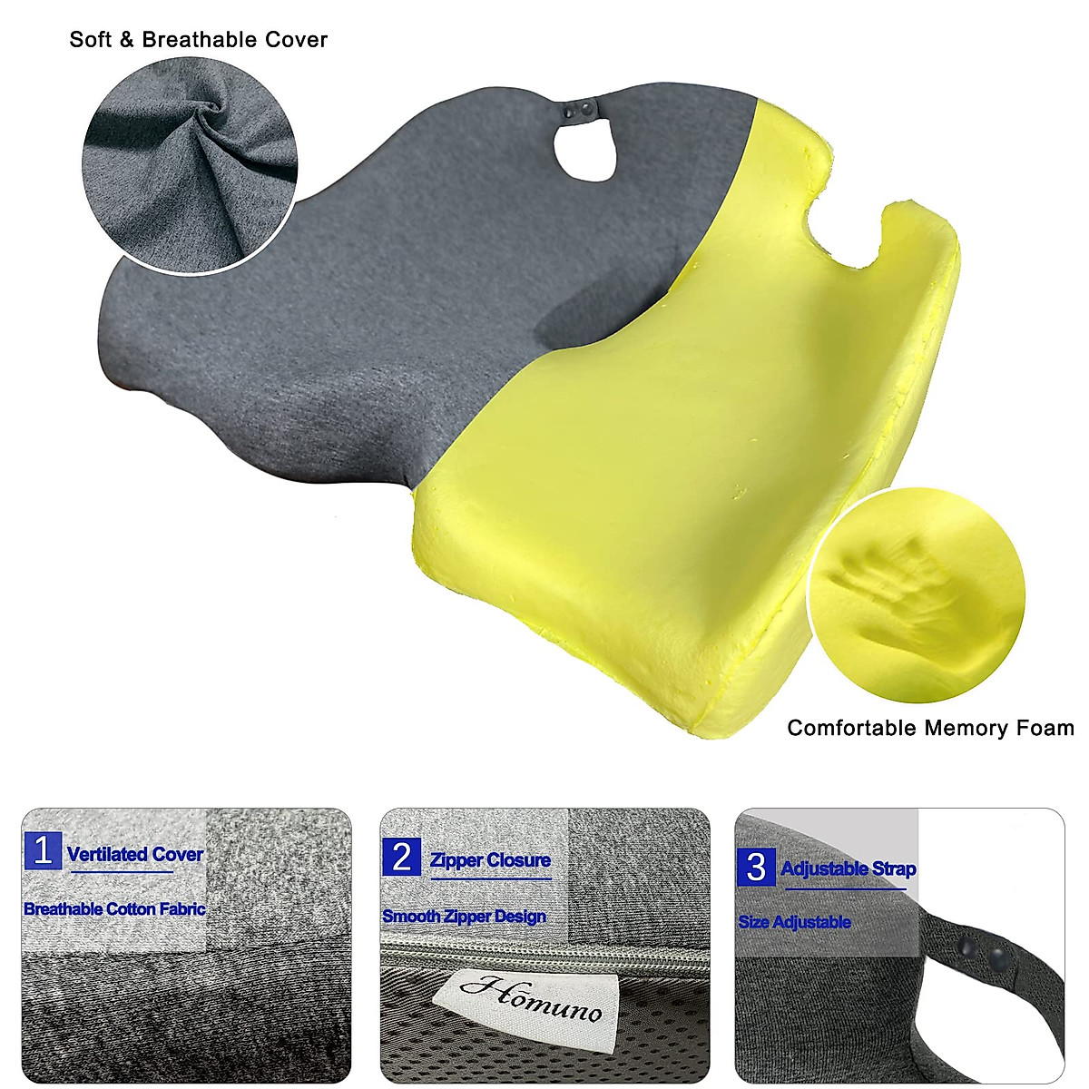 Homuno Large Memory Foam Seat Cushion for Office Chair Pressure Relief Sciatica & Tailbone Pain Relief Chair Pad for Long Sitting, for Office Chair, Gaming Chair and Car Seat (Gray)