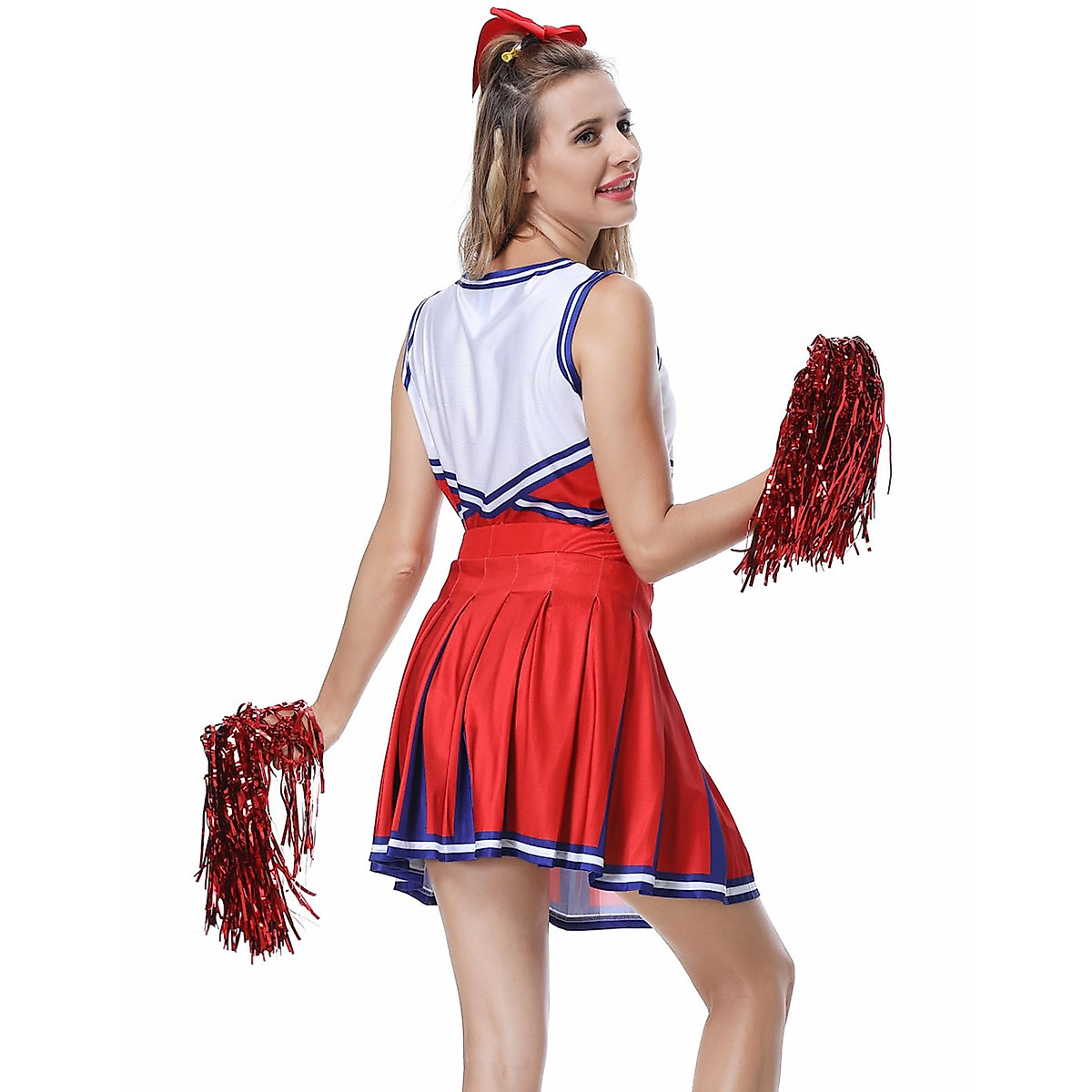 GRAJTCIN Women's Cheerleader Costume Halloween 3-Pieces High School Girl Cheerleading Outfit with Pom Pom(Medium, Red)
