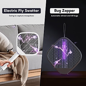 Qualitell Fly Swatter Electric Zapper Rechargeable, Mosquito Zapper Racket Kills Mosquitoes in Corners, Fly Zapper Folding Hanging Standing Handheld LED UV Bug Trap Light for Indoor Outdoor