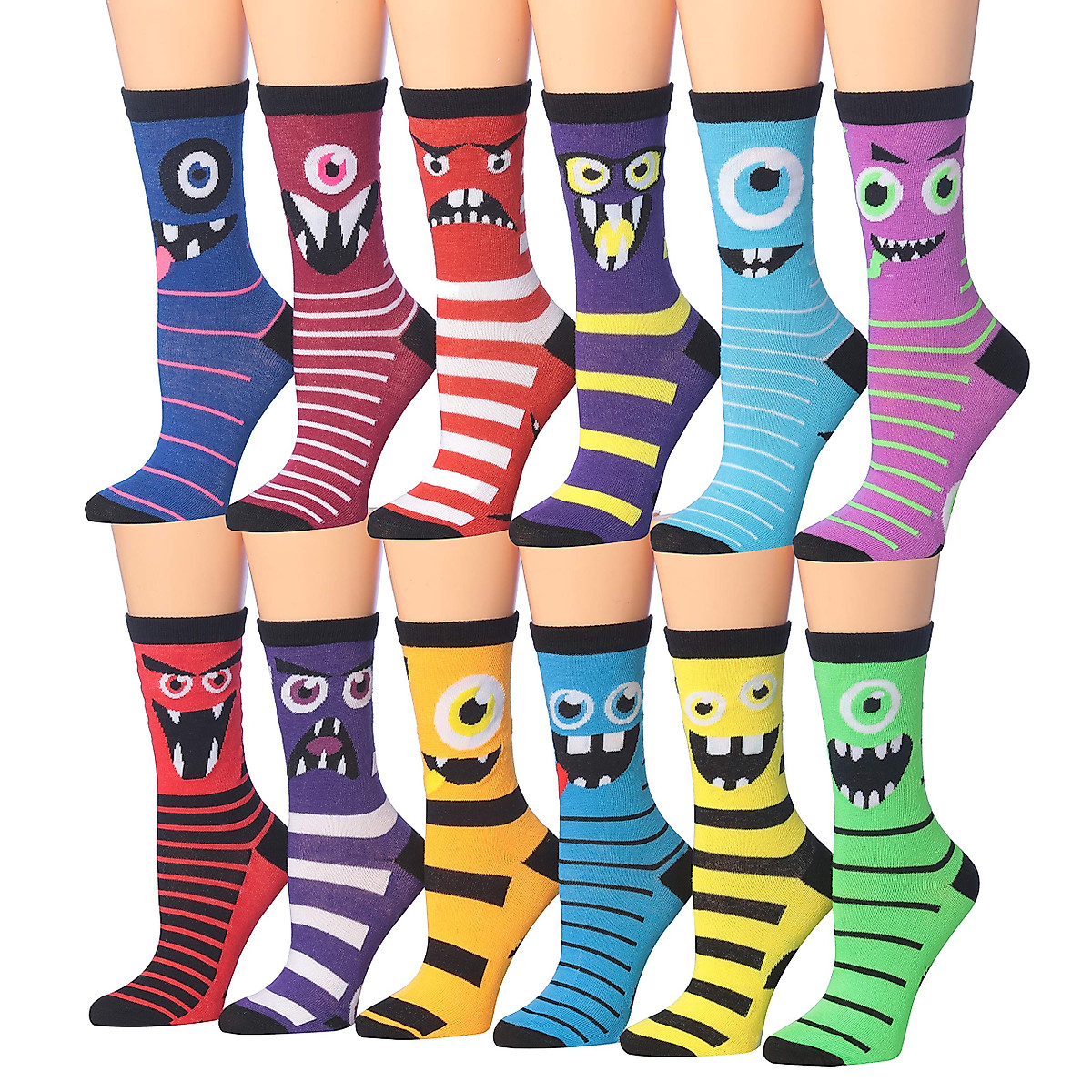 Tipi Toe Women's 12 Pairs Lightweight Colorful Funny Monster Faces Striped Patterned Crazy Socks For Women Size 9-11, WC81-T1