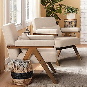 Waleaf Mid Century Modern Accent Chairs Arm Chair Set of 2 with Padded Armrests, Upholstered Chair for Living Room Bedroom Side Chair with Solid Wood Frame Corner Chair (Beige - Set of 2)