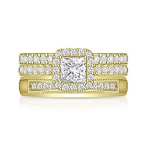 DiscountHouse4you 14k Yellow Gold Over 1.40 cttw Round Cubic Zirconia His and Hers Halo Engagement Ring Set Matching Trio Wedding Bands for Him Her Bride Groom Valentine's Day Gift