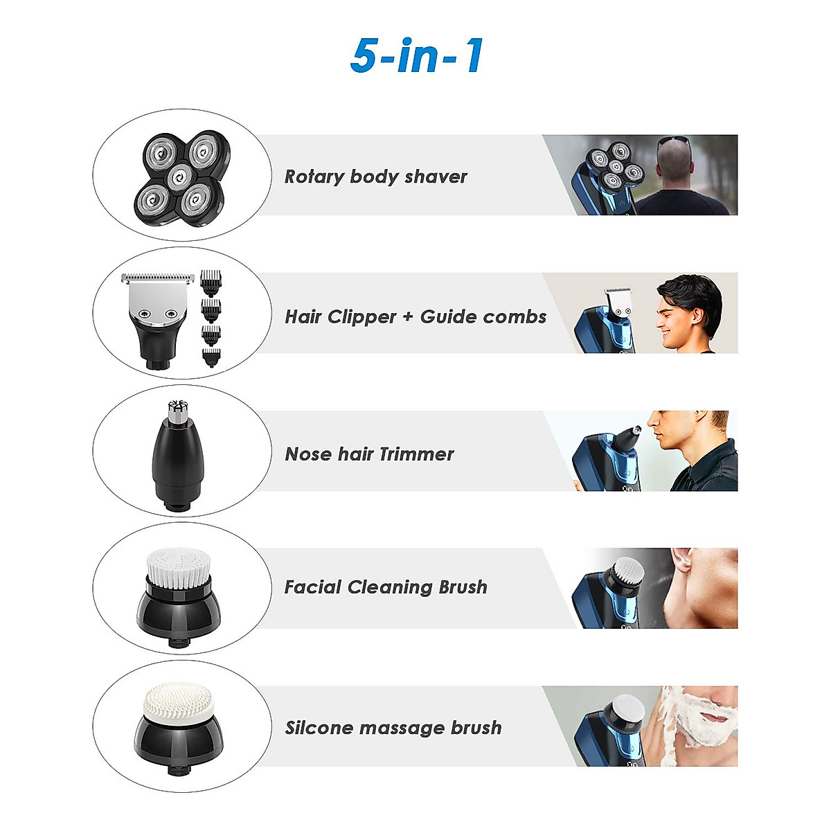 Electric Shavers for Men Bald Head Shaver LED Display 5-in-1 Faster-Charging 5D Floating Waterproof Electric Rotary Shaver with Clipper Nose Hair Facial Clean Waterproof