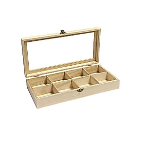 Cregugua 2 Pack Unfinished Wooden Box with Glass Lid, Wood Jewelry Storage Tray Box,8 Compartment Organizer 12.6 x 6.3 x 2.4 In