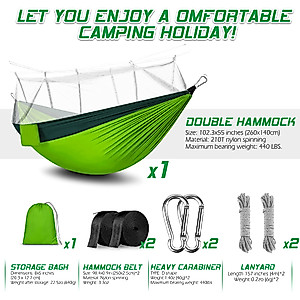 Rusee Camping Hammock with Net Outdoor Hammock Travel Bed Lightweight Parachute Fabric Double Hammock for Tree, Camping, Hiking, Backpacking, Backyard (Green + Dark Green)