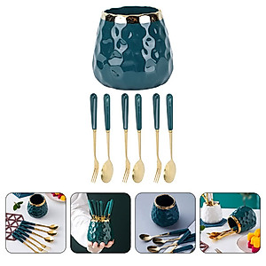 BESTonZON 1 Set Fork Spoon Ceramic Jar Dessert Fork Serving Spoon Utensil Holder for Storage Yogurt Spoons Tabletop Decor Utensil Supply Silverware Kitchen Utensil Phnom Penh Ceramics Coffee