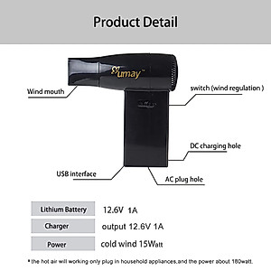 UMAY Cordless Rechargeable Hair Dryer Art Painting Dryer Portable Blower with USB Mobile Port Suitable for Drying Painting Pet Baby Easy to Carry Cordless Use, 1 Count