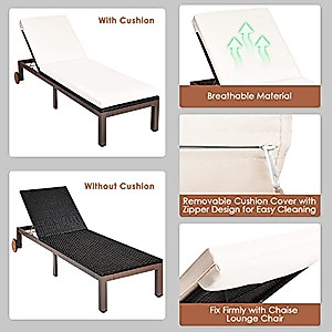 HAPPYGRILL Patio Chaise Lounge Chair Outdoor Rattan Lounger Recliner Chair Adjustable Position Folding Wicker Lounge Chair with Cushion & Wheels for Garden Patio Poolside