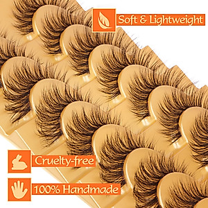 Brown Lashes Strip Natural Looking Cat Eye Lashes Brown Eyelashes Wispy Fluffy Clear Band Brown Eye Lash Pack 8 Pairs