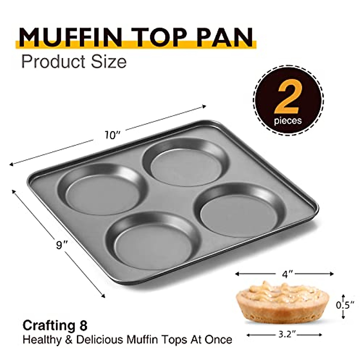 HONGBAKE Large Muffin Top Pan Set of 2, 4 Cup Nonstick Hamburger Bun Baking Pan, Jumbo Whoopie Pie Pan for Egg Sandwich, Cornbread, Layer Cake