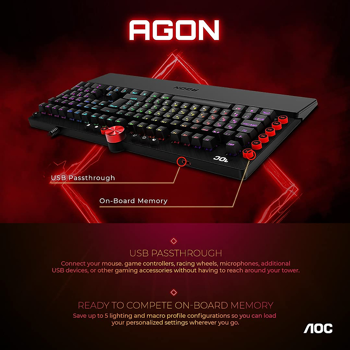Agon Tournament-Grade RGB Gaming USB 2.0 Type-A Mechanical Keyboard, Cherry MX Blue Switches, NKRO, Dedicated Macro & Multimedia Buttons, Light FX Sync, G-Tools Software (AGK700)