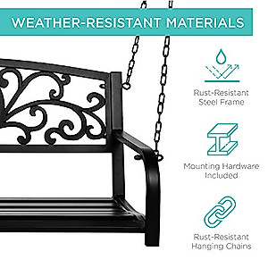 Best Choice Products 2-Person Metal Outdoor Porch Swing, Hanging Steel Patio Bench for Garden Deck w/Floral Accent, 485lb Weight Capacity - Black