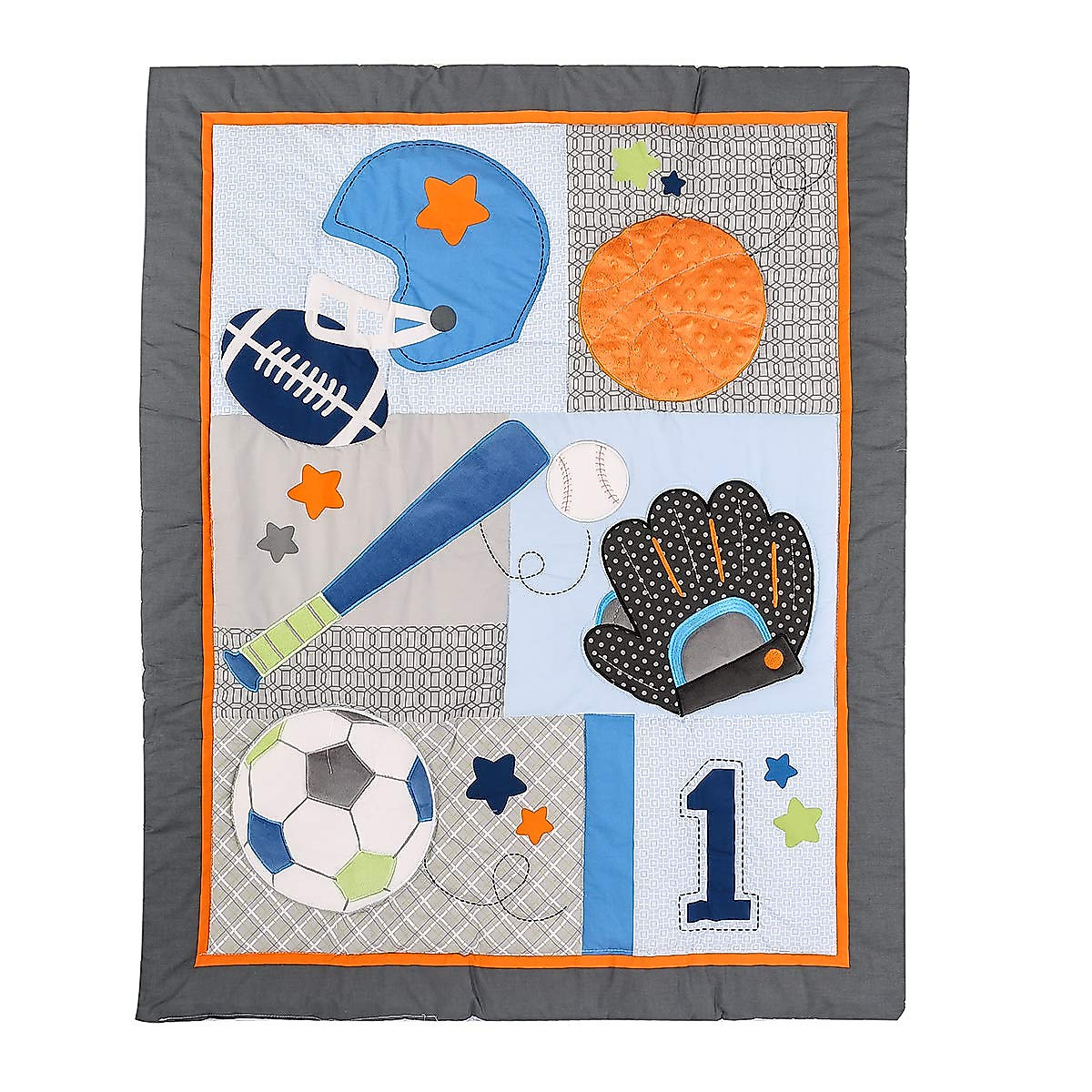 Brandream Sport Baby Crib Bedding Sets - No.1 Champ Ball Theme Boys Nursery Set | 3-Piece Nursery Set | Baby Quilt, Fitted Crib Sheet, Dust Ruffled Included - Blue & Grey