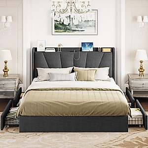 LIKIMIO King Bed Frame and Upholstered Headboard, Platform Bed with Storage Drawers and Outlets, Sturdy, Noiseless, No Box Spring Needed, Easy Assembly, Dark Gray