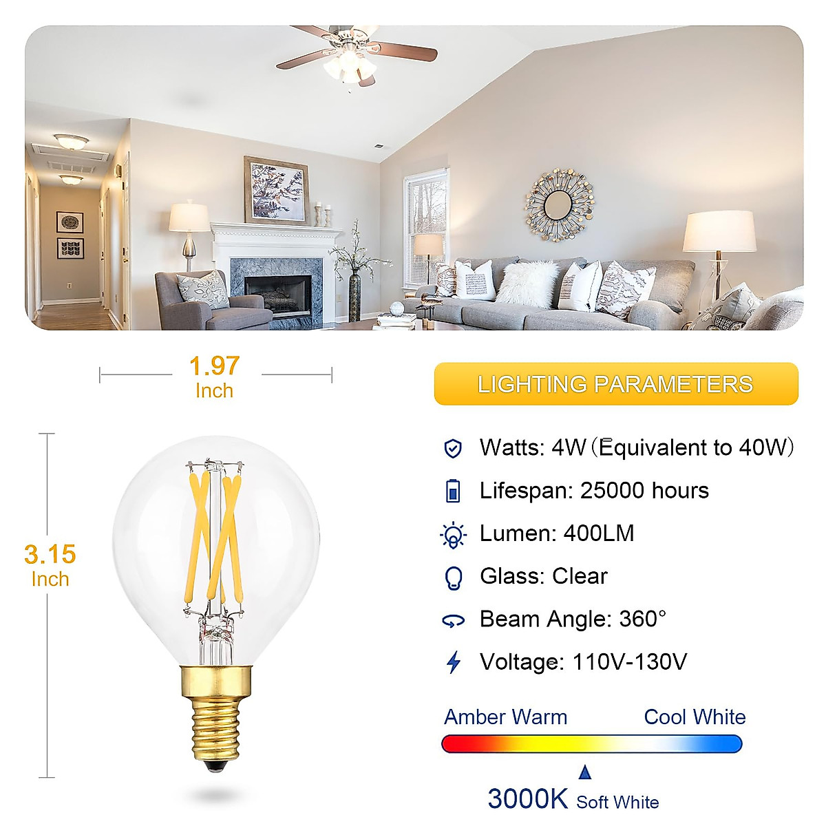 EQ Lighting Dimmable LED Ceiling Fan Light Bulb, Round E12 Base LED Candelabra Bulbs 40 Watt Equivalent 3000K Soft Warm G15 Globe LED Light Bulbs Candelabra Base, 4W 400LM, 3 Pack