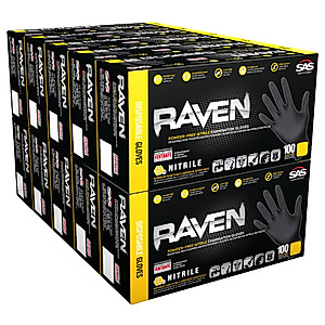 Raven 10 Pack SAS Safety 66517 6 mil Black Nitrile Disposable Gloves 7 Mil - Medium (100 Gloves per Box)