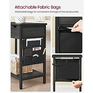 VASAGLE Side Table with Storage, End Table with USB Ports and Outlets, Nightstand with Charging Station, Fabric Bags, for Living Room, Bedroom, Ebonized Oak Finish and Black ULET310B42