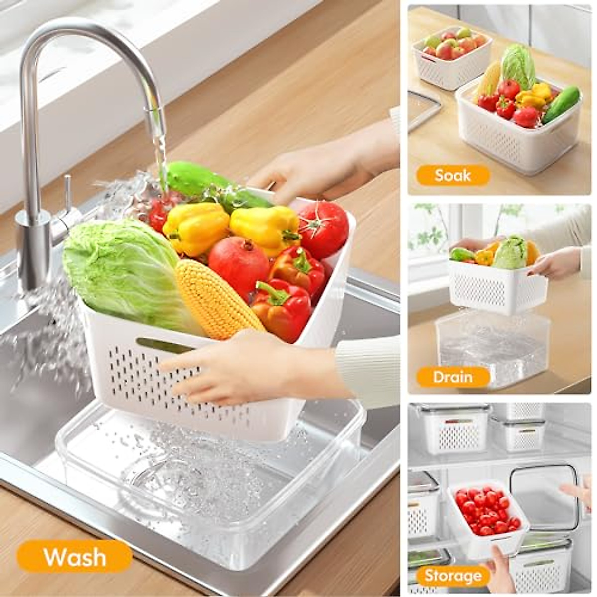 6 Pack Fruit Storage Containers for Fridge with Removable Colanders, BPA Free Food Storage Fridge Organizer, Dishwasher Safe Produce Containers Keep Fruits, Vegetables, Berry, Meat Fresh Longer