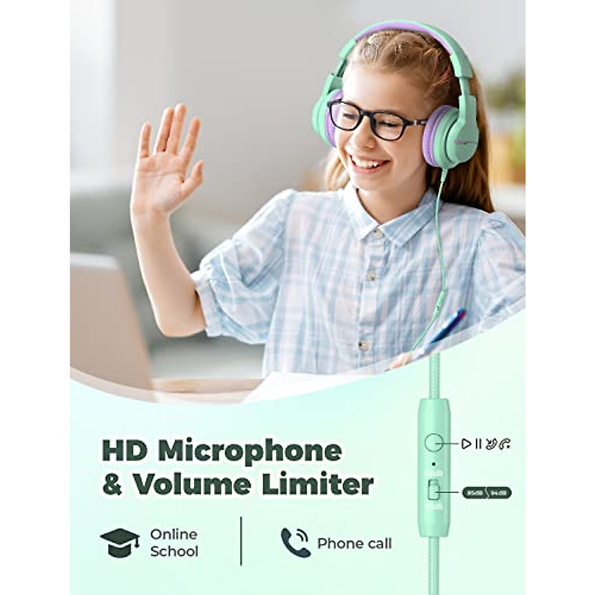 iClever HS19 Kids Headphones with Microphone for School, Volume Limiter 85/94dB, Over-Ear Girls Boys Headphones for Kids with Shareport, Foldable Wired Headphones for iPad/Fire Tablet/Travel, Green