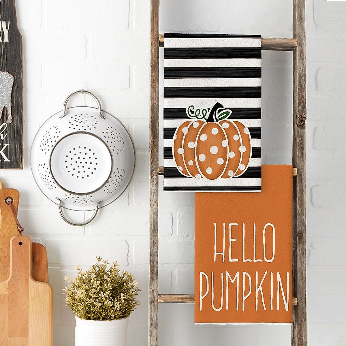 Artoid Mode Orange Polka Dot Stripes Hello Pumpkin Fall Kitchen Towels Dish Towels, 18x26 Inch Farmhouse Decoration Hand Towels Set of 2