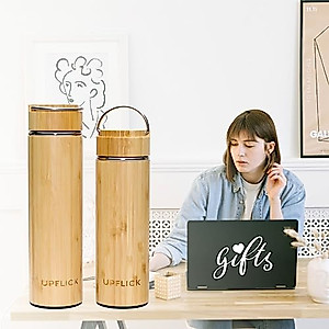UPFLICK Bamboo Tea Tumbler Set of 2 Insulated Water Bottle with Tea Infuser Coffee Thermos Stainless Steel Vacuum Carafe Gifts for Women Birthday Unique Couple Gift (Pack of 2)