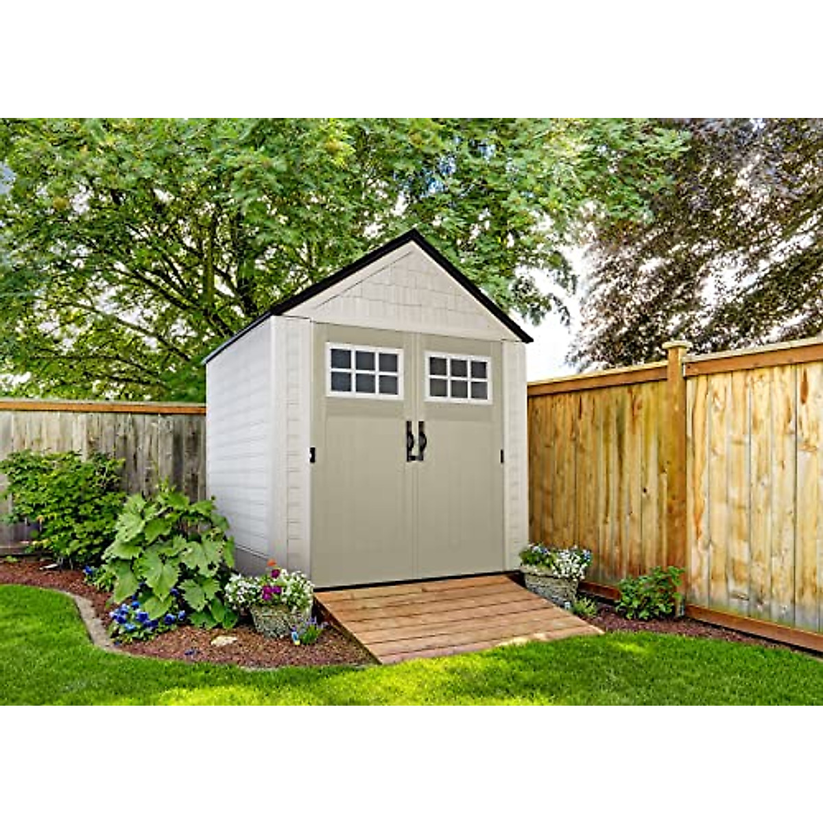 Rubbermaid Resin Weather Resistant Outdoor Storage Shed, 7 x 7 ft. , Faint Maple/Onyx/Sandstone, for Garden/Backyard/Home/Pool