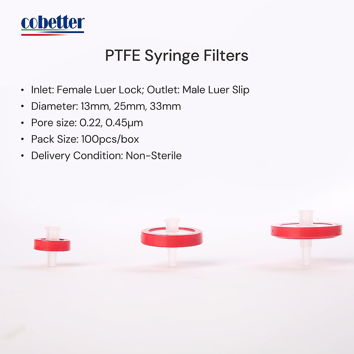 COBETTER 100 Pack PTFE Syringe Filter Lab Filters Hydrophobic Filtration 0.22μm Pore Size 13mm Diameter Non-sterile Red