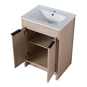 Goujxcy 24'' Freestanding Bathroom Vanity with White Ceramic Sink and 2 Soft-Close Storage Cabinet Doors Wooden Bath Cabinet Integrated Single Sink for Bathroom (Light Oak-24'')