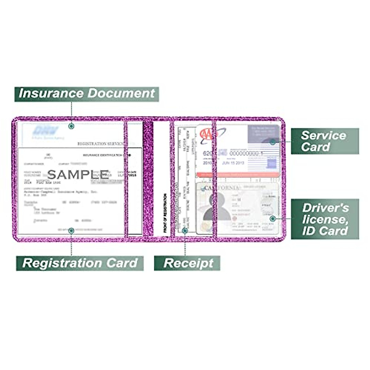 Teoenix Car Registration and Insurance Holder, Automotive Glove Box Car Organizer Men Women Wallet Accessories Case for Cards, Essential Documents, Driver License - Bling Purple