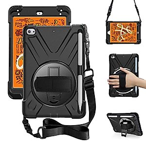 ZenRich iPad Mini 5/ iPad Mini 4 Case with Pencil Holder, Heavy Duty Shockproof Rugged iPad Mini 7.9 Inch Case with Hand Strap/Kickstand-Black