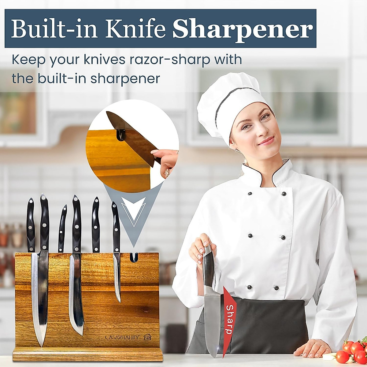 Acacia Wood Magnetic Knife Block 14 x 10" - Double Sided Magnet Knife holder - Magnetic Knife Board W/Knife Sharpener - Knife Holder for Kitchen Counter - Detachable Knife Display Stand