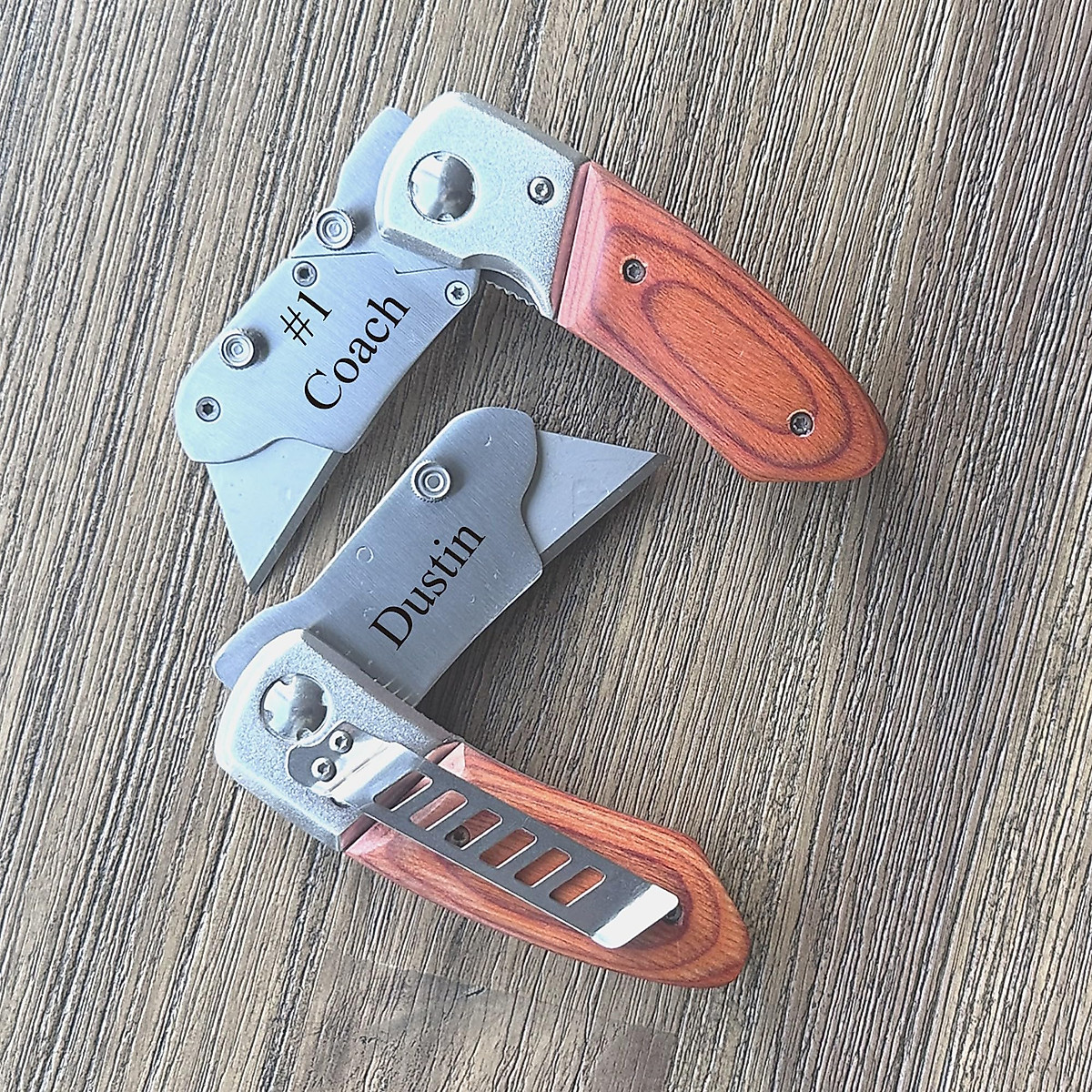 Personalized Utility Box Knife with Clip, Custom Engraved Pocket Knife Box Knives Wood Handle- Engraved from USA.