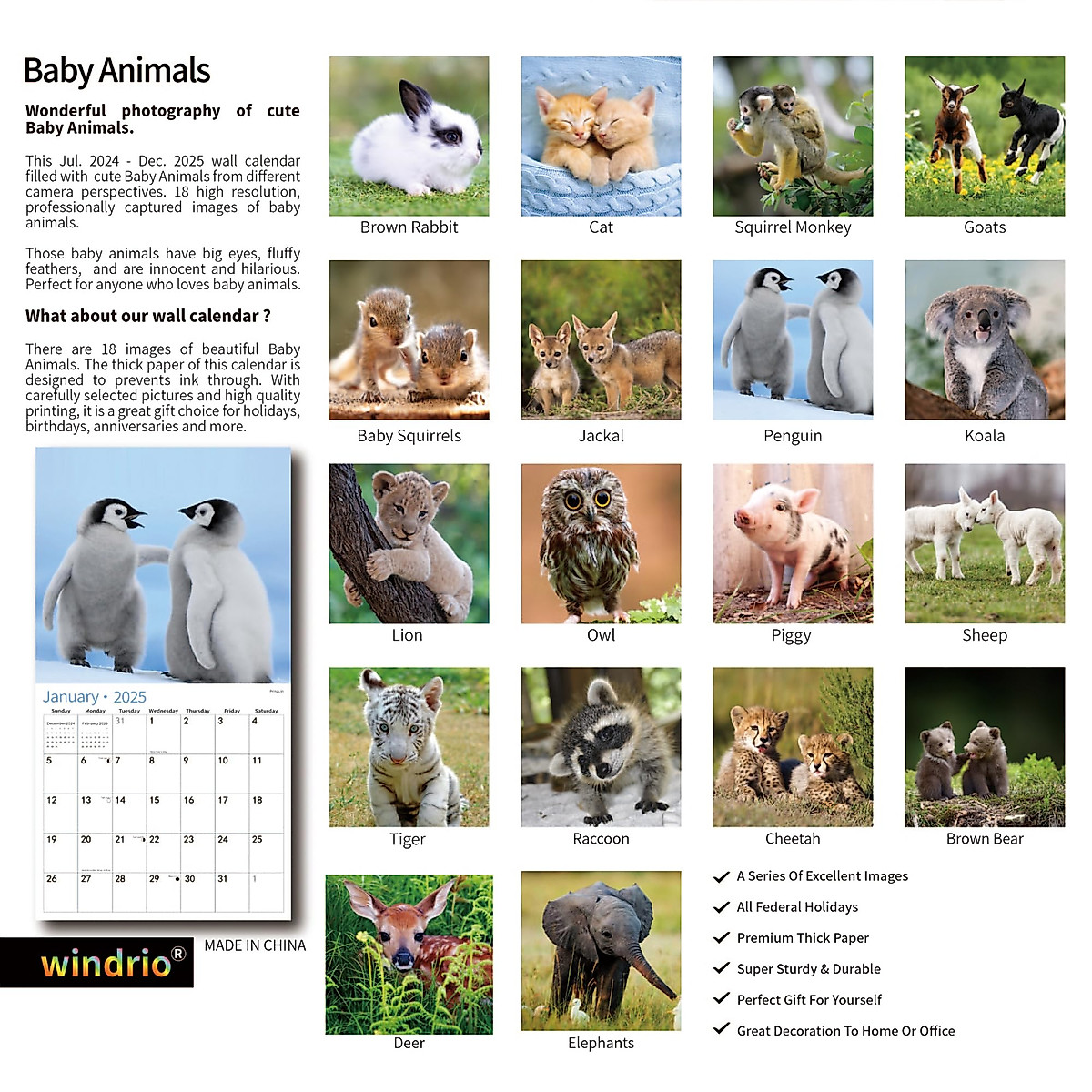 2024 Wall Calendar,Calendar 2024, July 2024 - December 2025, Wall Calendar Baby Animals, 12" x 24" Opened,Full Page Months Thick & Sturdy Paper for Gift Perfect Calendar Organizing & Planning