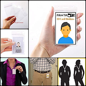 Fanta5tic 50 Pack Extra Thick ID Card Badge Holder, Vertical Hanging Card Holder with Zipper, Type Resealable Bulk Nametag Holders, Clear PVC, Waterproof Sleeve Pouch