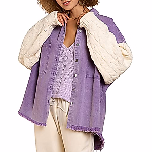 ChiyeeKiss Women's Oversized Patchwork Jean Jacket Distressed Fringed Hem Denim Jacket Sweater Long Sleeves Shacket Jacket(0028-LightPurple-M)