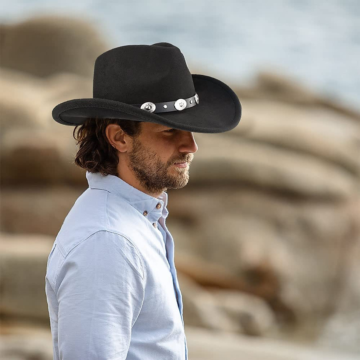 Utaly Womens Felt Western Cowboy Hats for Men Wide Brim Cowgirl Fedoras Hat with Belt Buckle