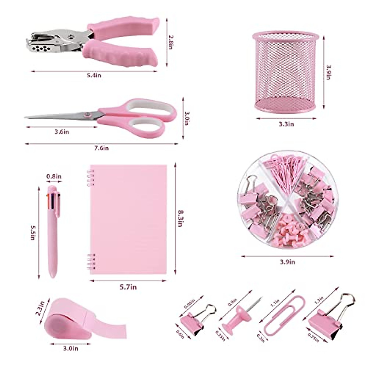 Pink Office Supplies Kit, 14 Piece Desk Accessory Kit Stapler and Tape Dispenser Set Includes Desktop Staple, Stapler Remove, Single Hole Punch, Tape Dispenser, Tape Measure, Scissors, Pen Holder