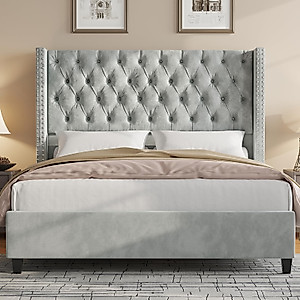 Jocisland Queen Size Platform Bed Frame Velvet Upholstered Bed with Nailhead Trim Wingback Headboard 51.6" Tall,Button Tufted, No Box Spring Needed, Light Grey