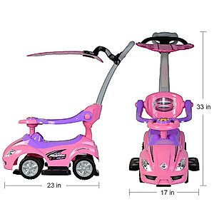 ChromeWheels Push Cars for Toddlers, 3 in 1 Ride on Push Car with Removable Canopy, Ride on Toys Mega Car w/Handle & Horn & Music, Pink