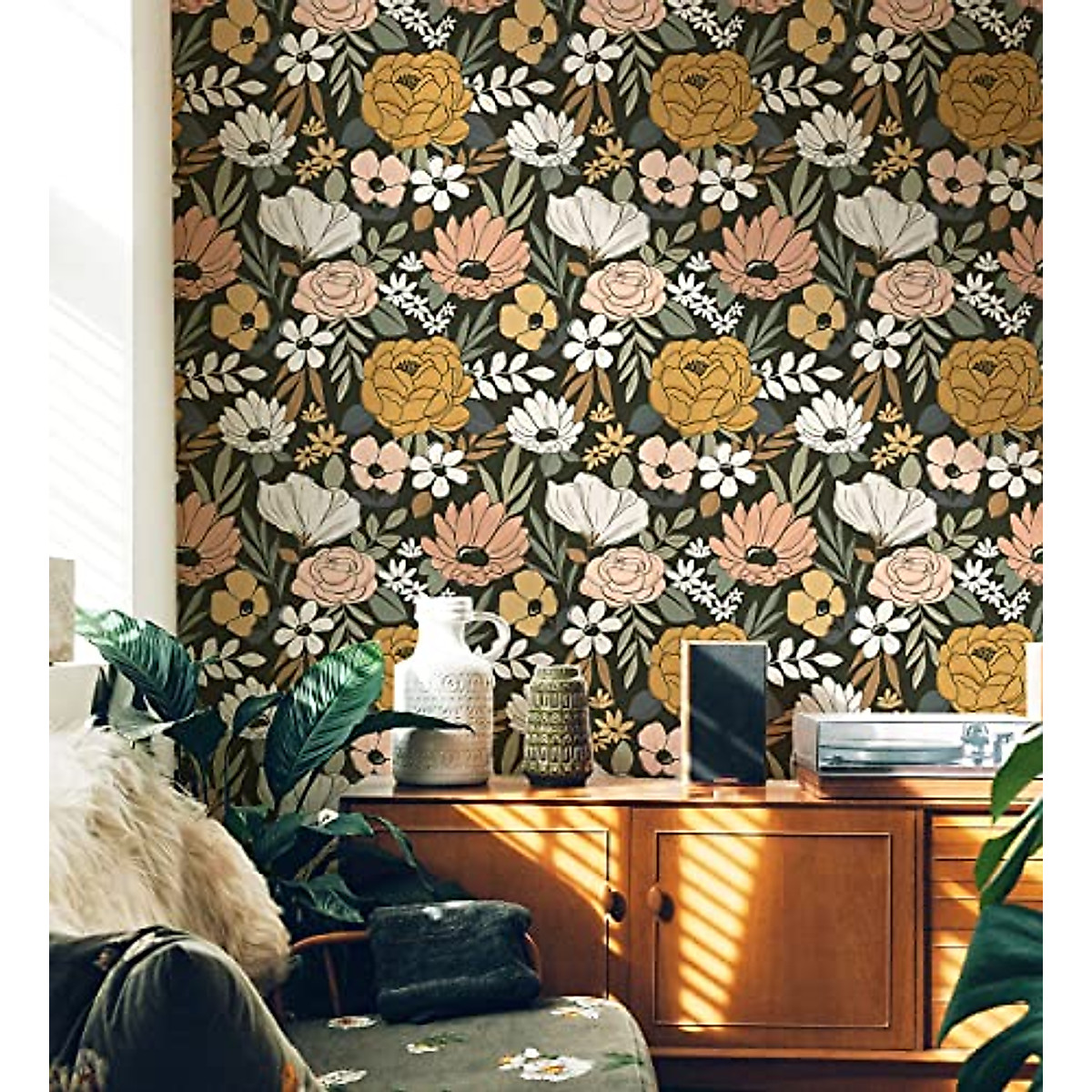 HAOKHOME 93217 Vintage Large Floral Peel and Stick Wallpaper Removable Daisy Leaf Black/Sand/Oliva Vinyl Self Adhesive Mural 17.7in x 9.8ft